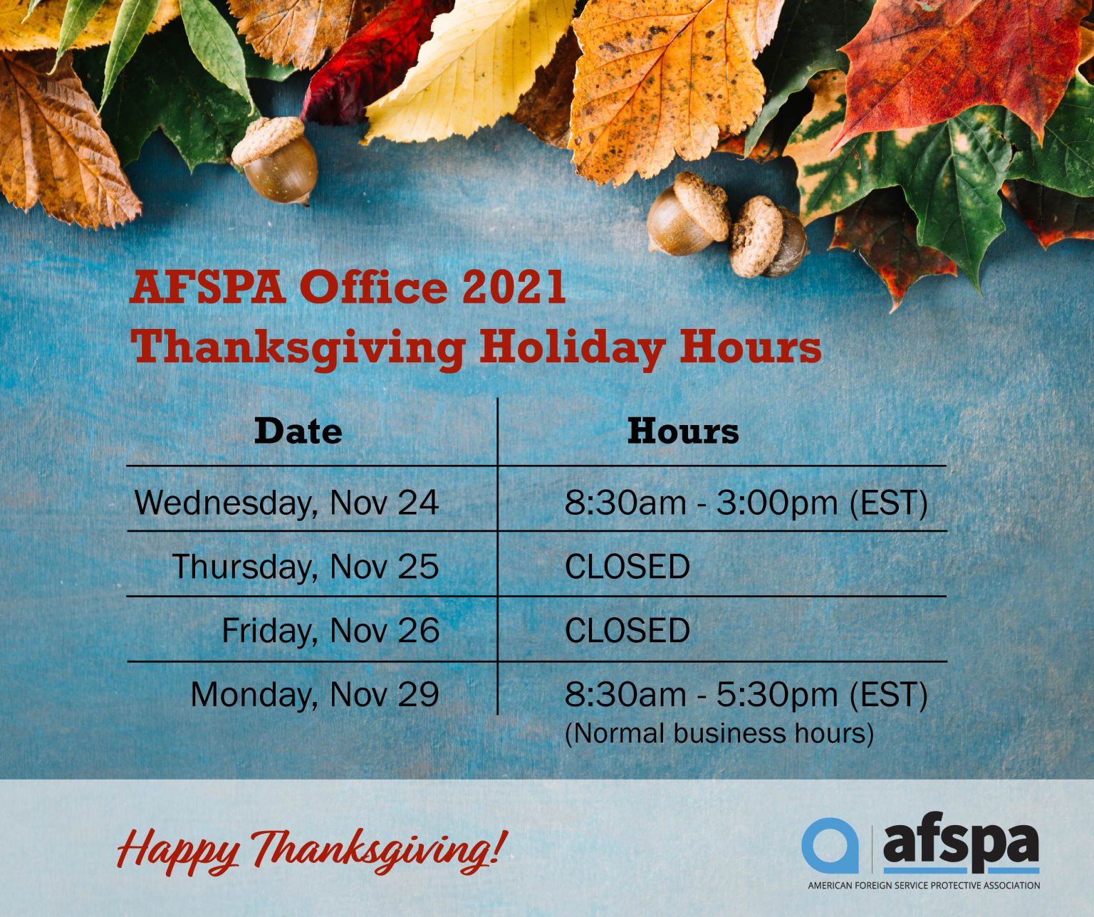 AFSPA Office Thanksgiving Holiday Hours – AFSPA